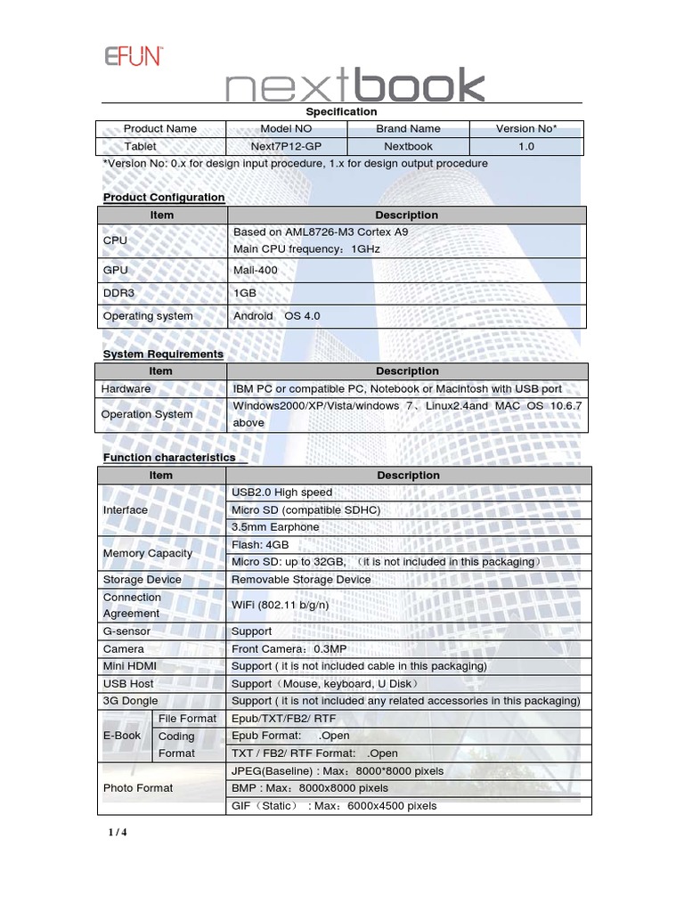 Next7P12-GP Tech Spec 102412 | PDF | Codec | Tablet Computer