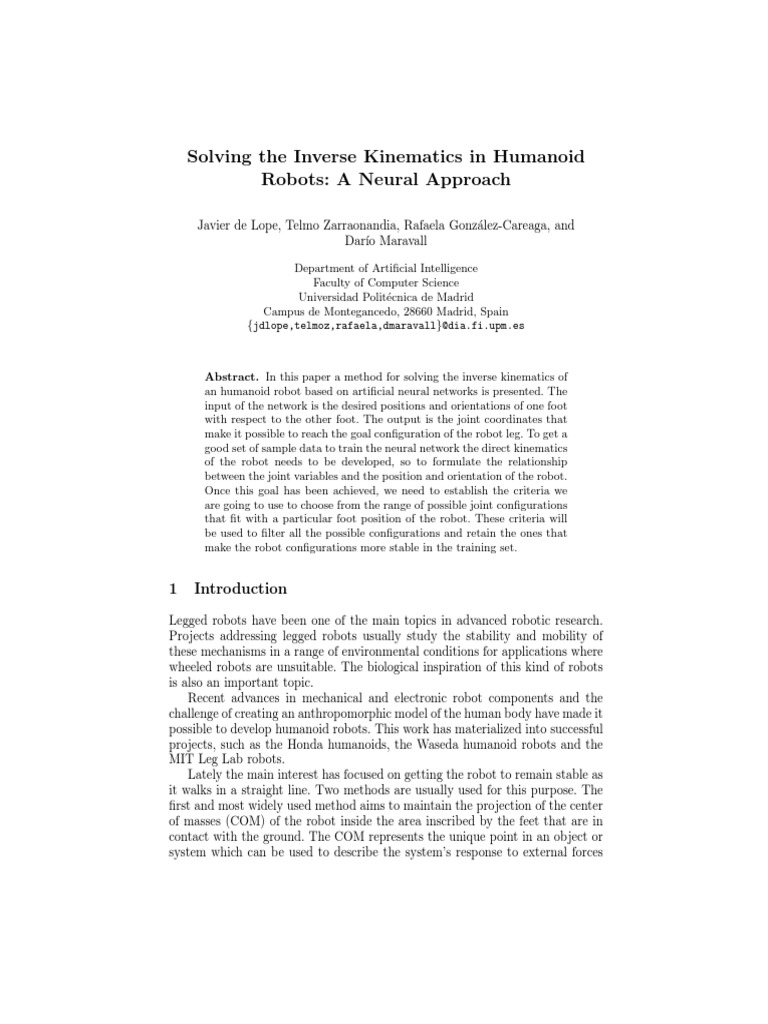 Solving The Inverse Kinematics In Humanoid Robots A Neural Approach Pdf Artificial Neural