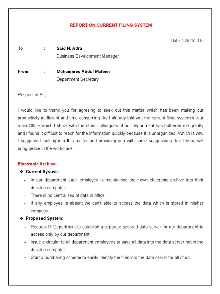 Report On Current Filing System | PDF