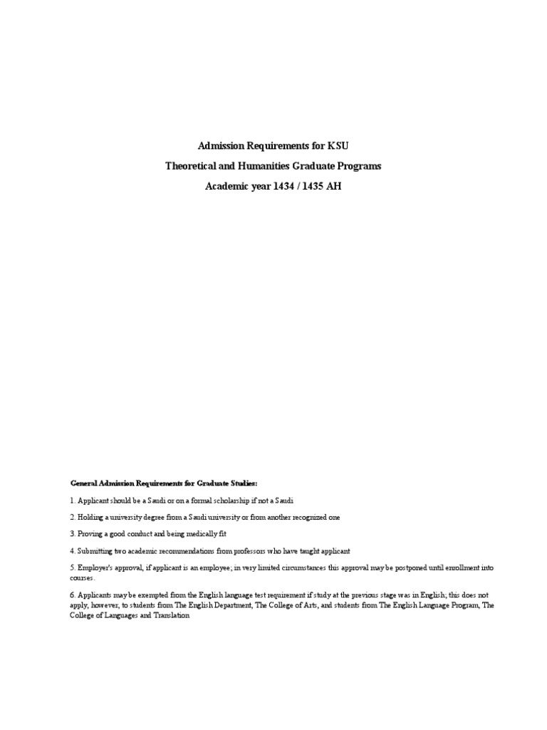 Admission Requirements For Ksu Theoretical And Humanities Graduate
