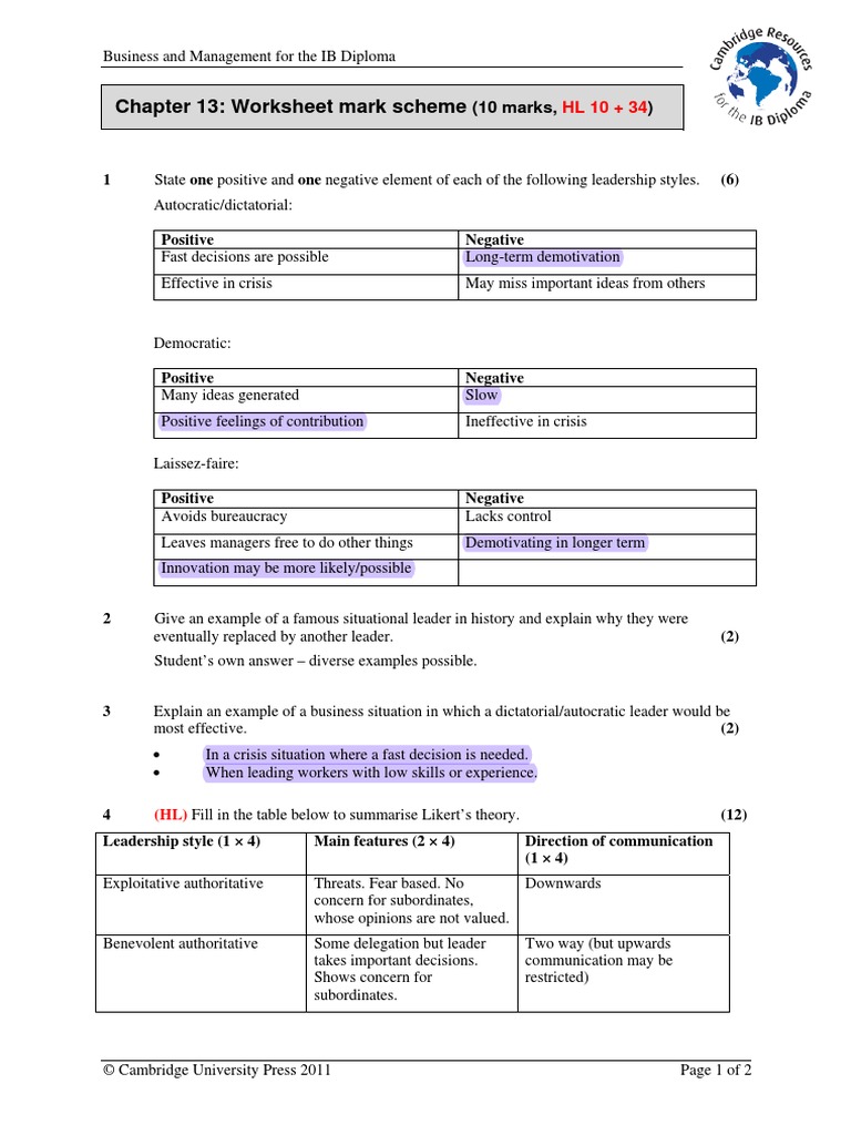 Chapter 13: Worksheet Mark Scheme | PDF | Action (Philosophy) | Leadership