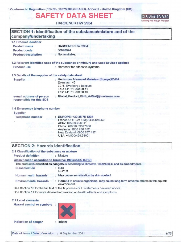 MSDS Hardener HW 2934 PDF | PDF | Safety | Medical Specialties