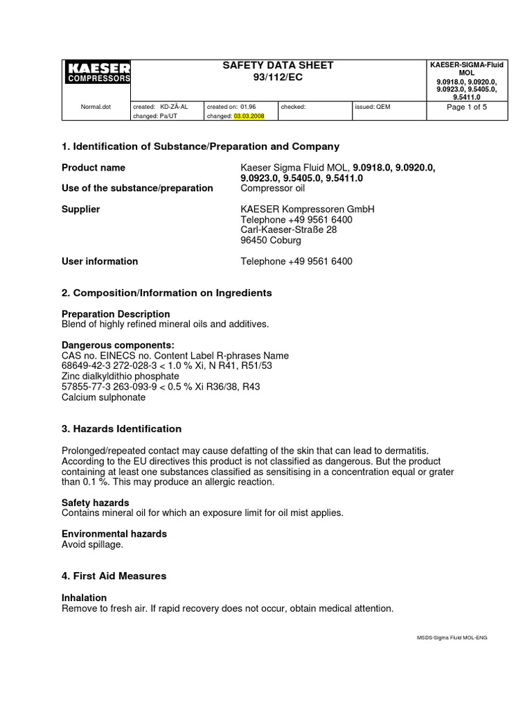Msds KAESER Sigma - Fluid - Mol PDF | PDF | Water | Chemistry