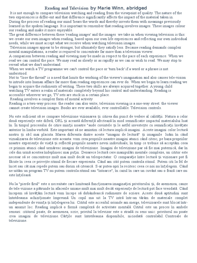 Reading and Television by Marie Winn | PDF | Reading (Process) | Mind