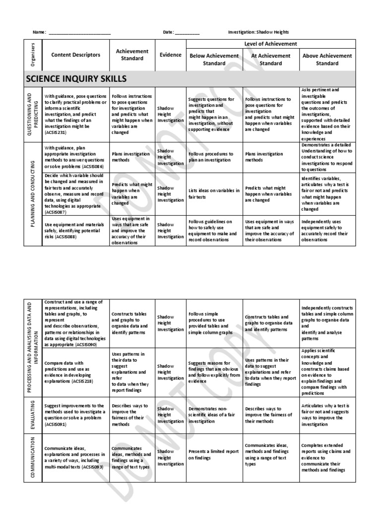 Shadow Height Investigation Inquiry Skills Rubric | PDF | Prediction | Data