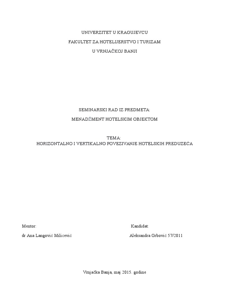 Horizontalno I Vertikalno Povezivanje Hotelskih Preduzeća | PDF