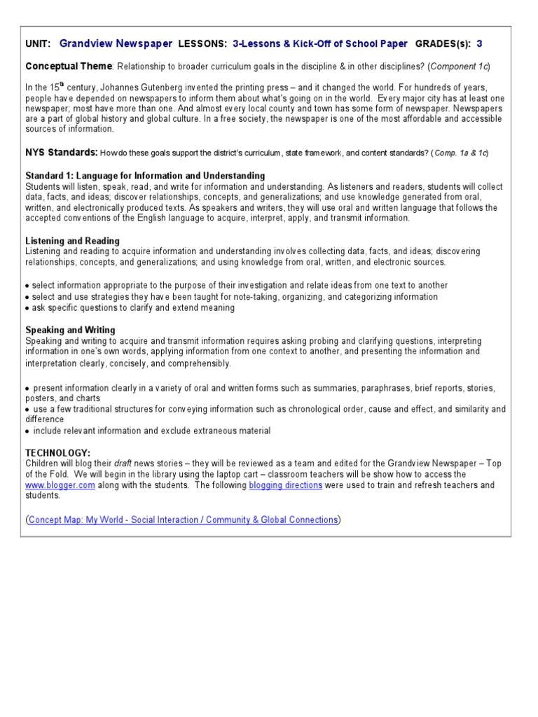 Grandview Newspaper: Unit: Lessons: GRADES(s) : Conceptual Theme | PDF ...