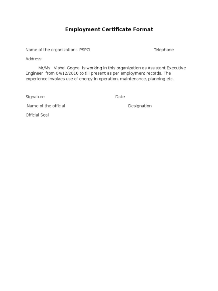 Employment Certificate Format Sample | PDF | Career & Growth | Finance ...