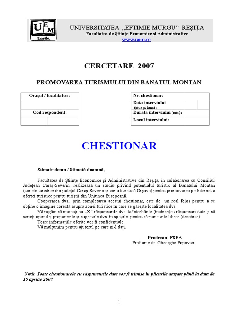 Chestionar Model | PDF