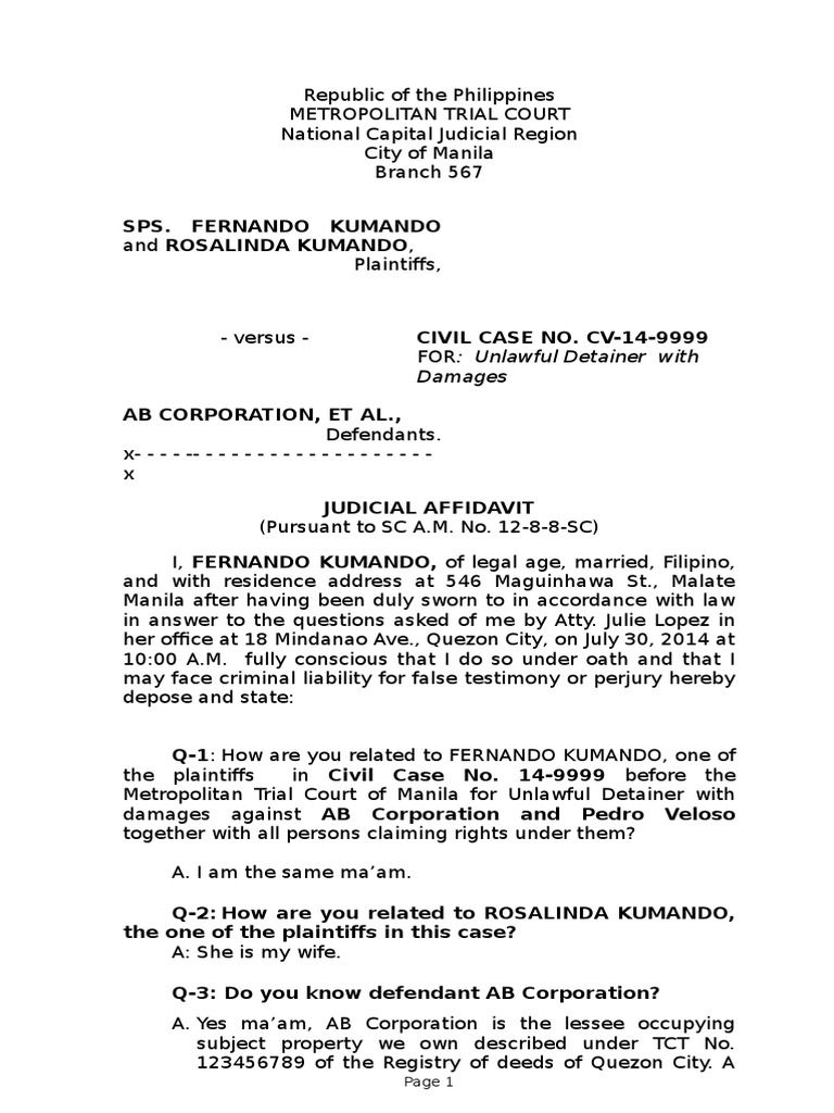 Judicial Affidavit - Sample | Affidavit | Lease