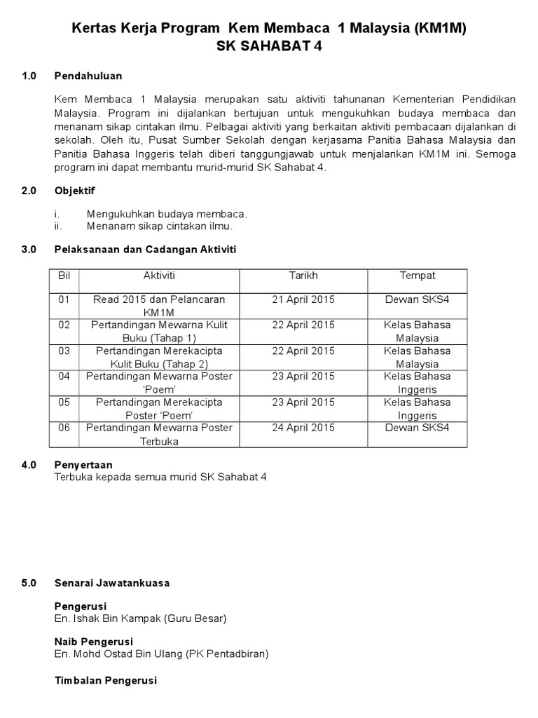 Kertas Kerja Kem Membaca 1 Malaysia | PDF