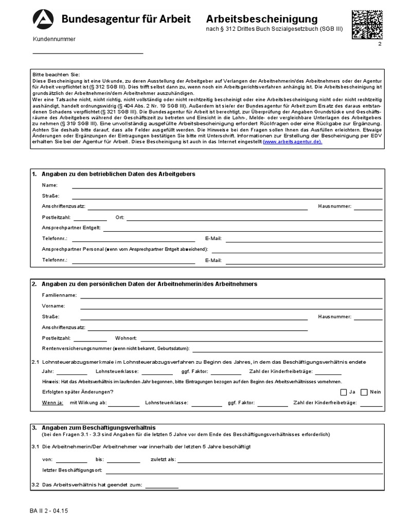 Arbeitsbescheinigung BA II 2 -04.15