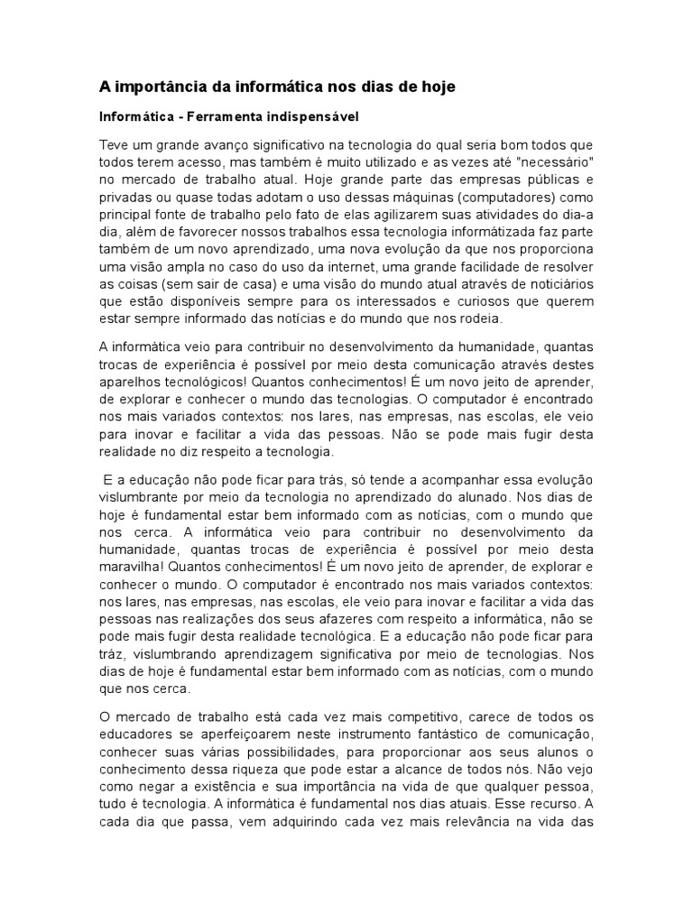 A Importância da Informática Hoje | PDF | Internet | Aprendizado