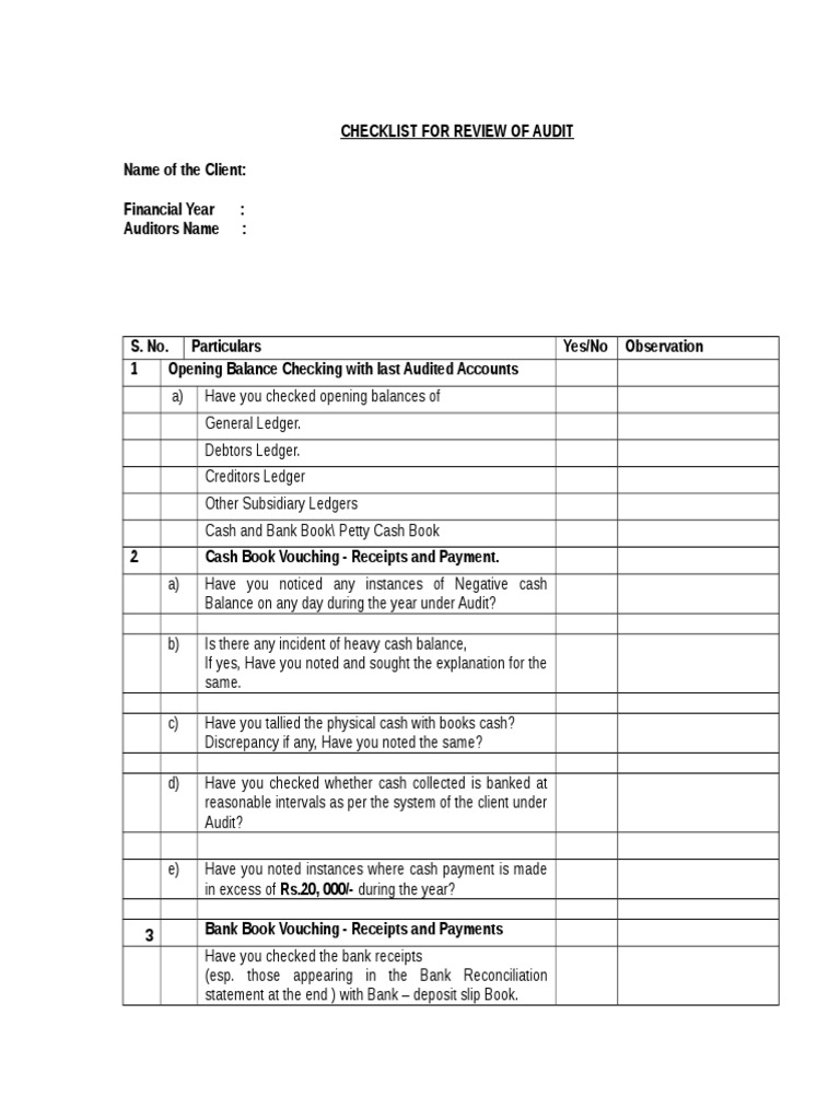 Audit Checklist.doc | Cheque | Debits And Credits