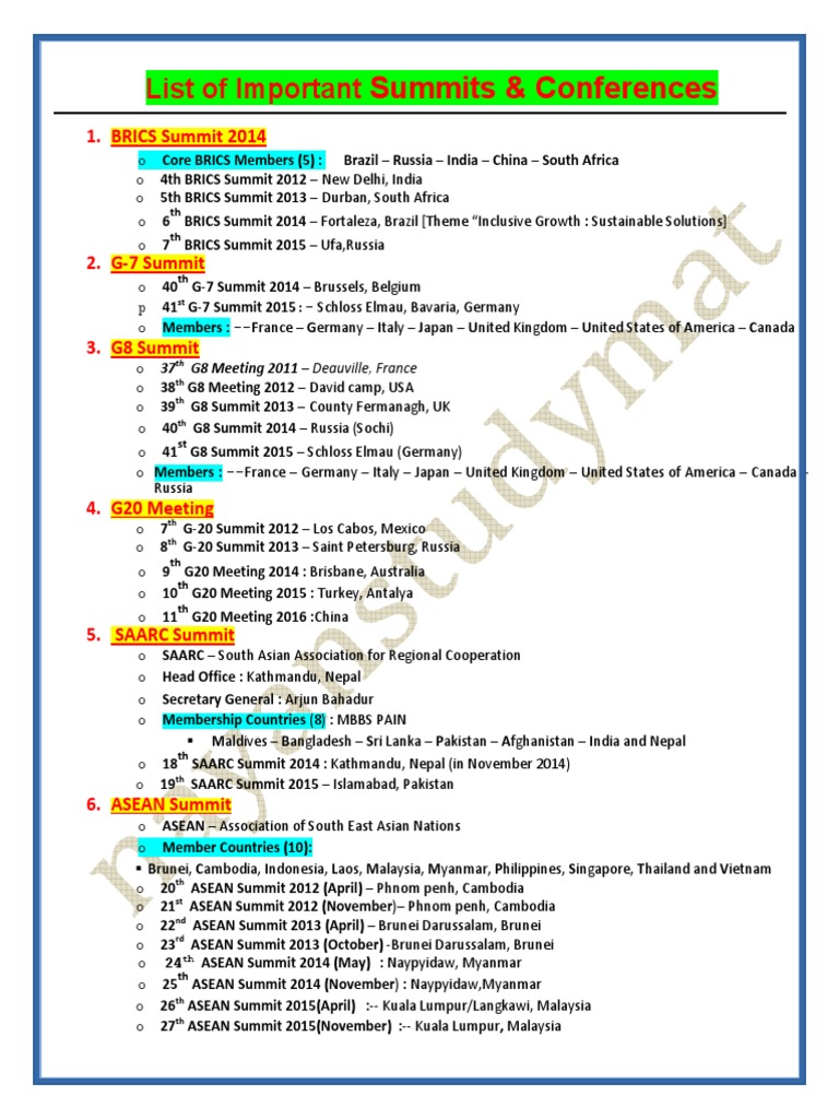 List of Important Summits & Conferences | PDF | Association Of ...