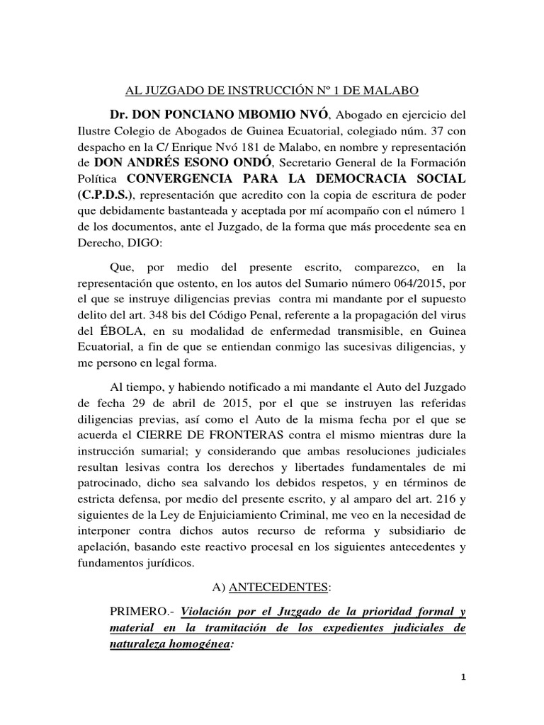 Recurso de Reforma y Subisidario de Apelación Contra Autos Juzgado de Instrucción #1 de Malabo ...