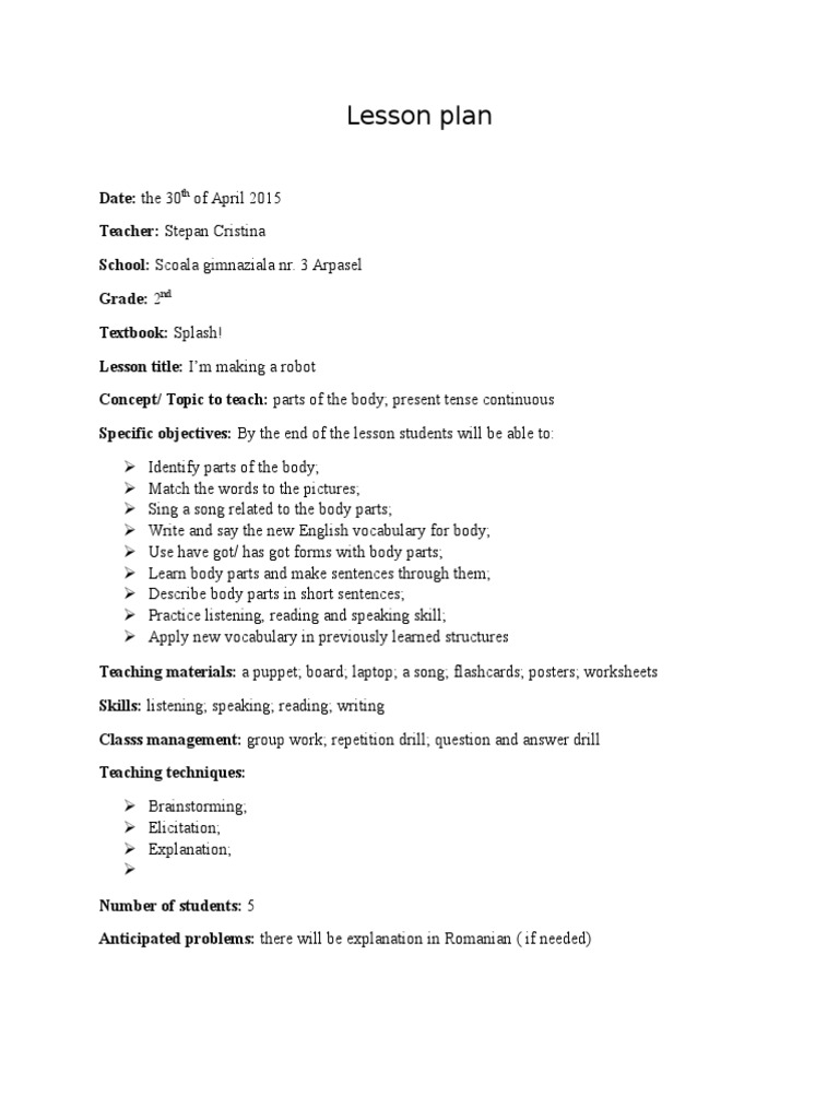 Body Parts Lesson Plan Final | Lesson Plan | Semiotics