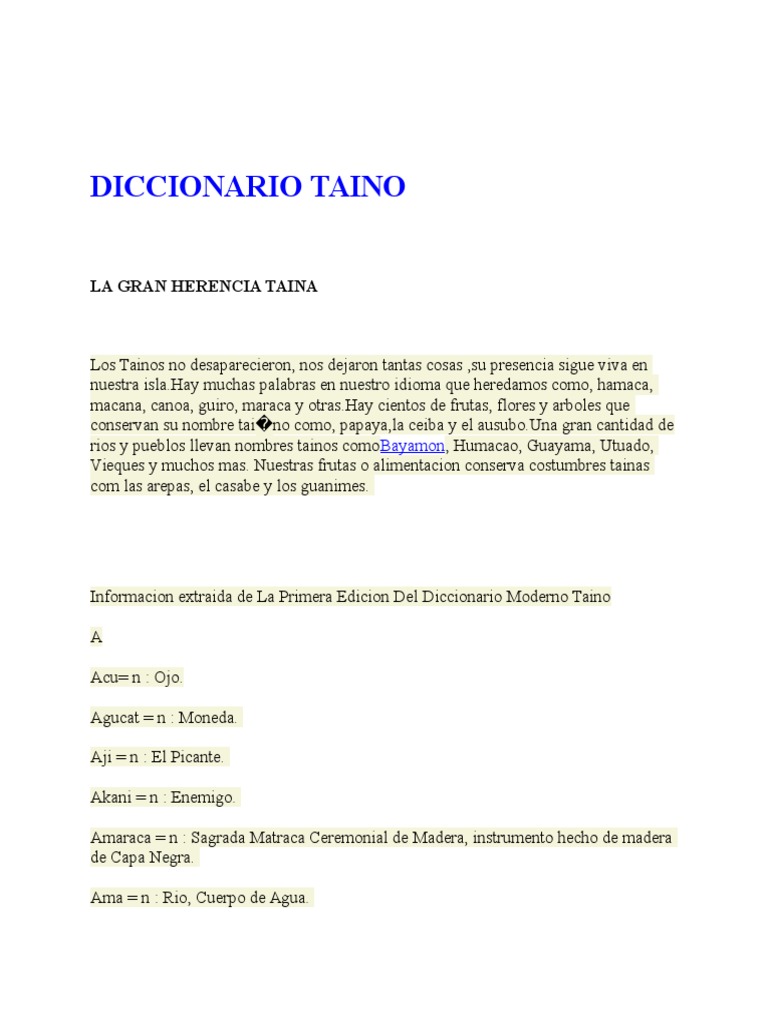 Diccionario Taino | PDF | Alimentos | Naturaleza