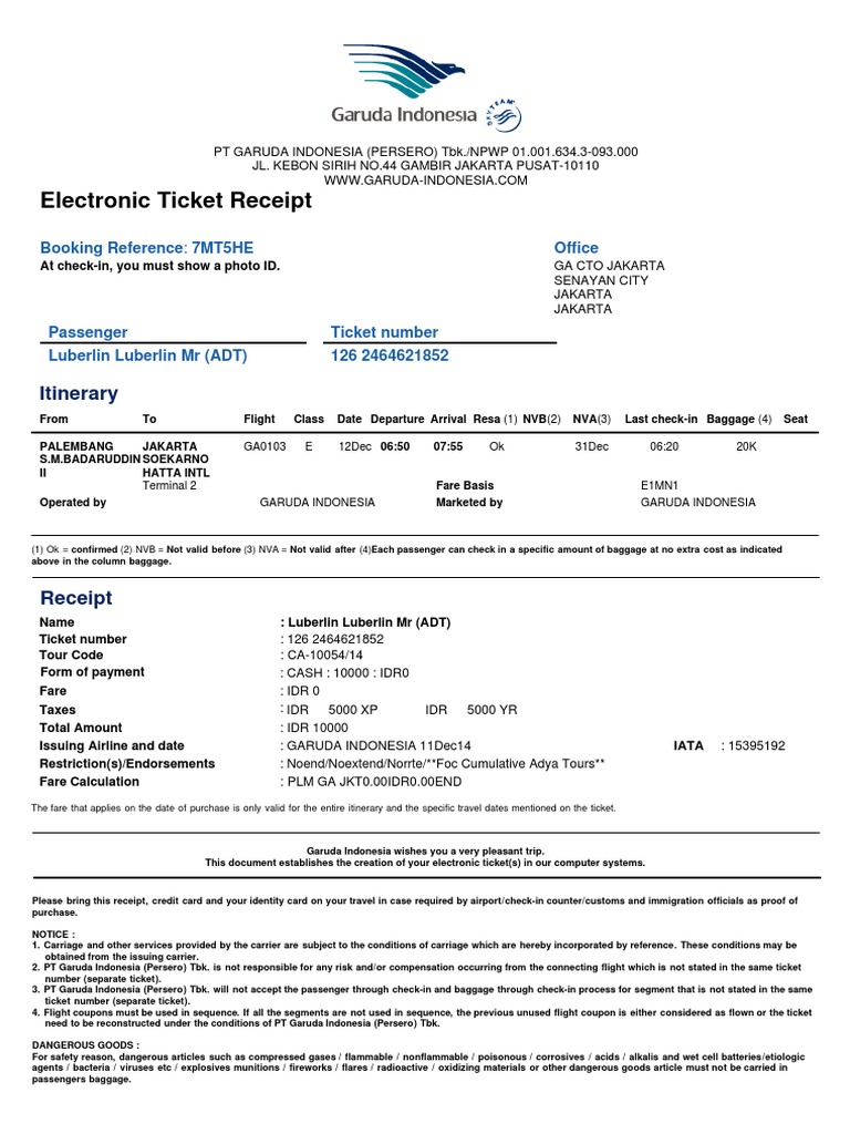 Contoh Ticket Free /FOC GARUDA | PDF | Dangerous Goods | Ticket (Admission)