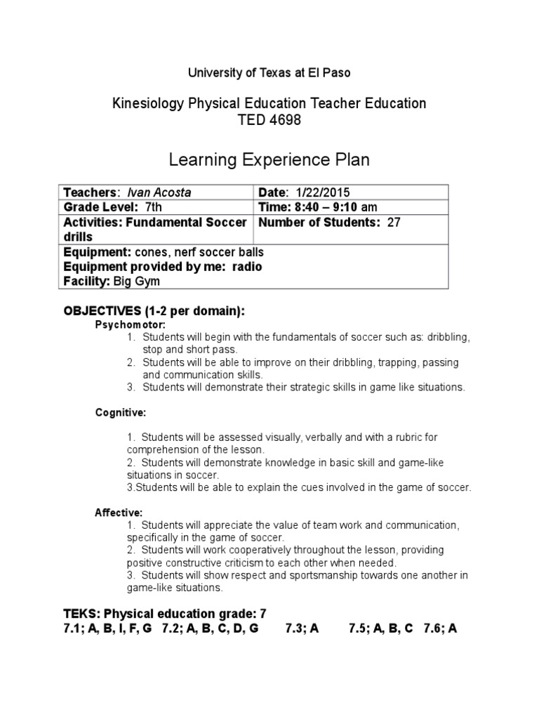Soccer Lesson Plan | PDF | Lesson Plan | Physical Education