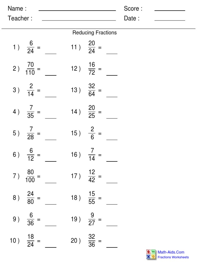 Reducing Fractions Practice Worksheet | PDF