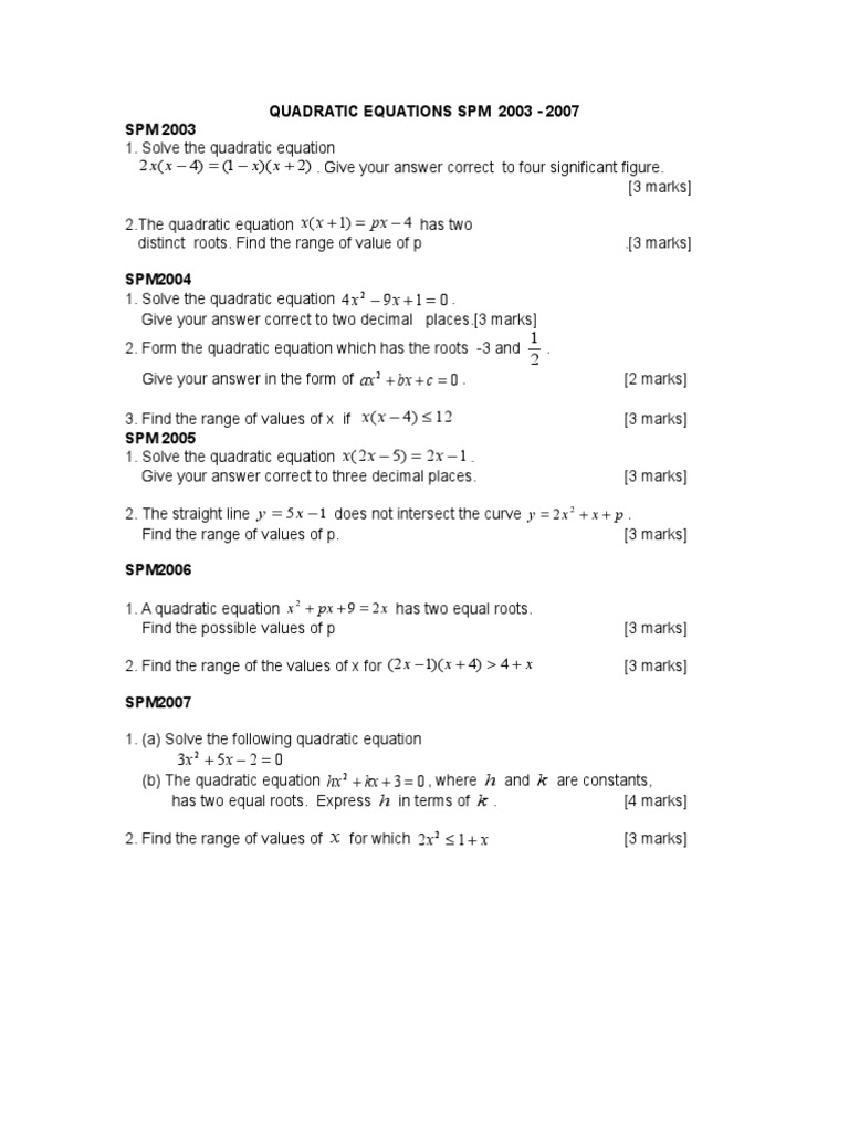 Class 10 Quadratic Equations SPM 2003-2007 | PDF | Quadratic Equation ...