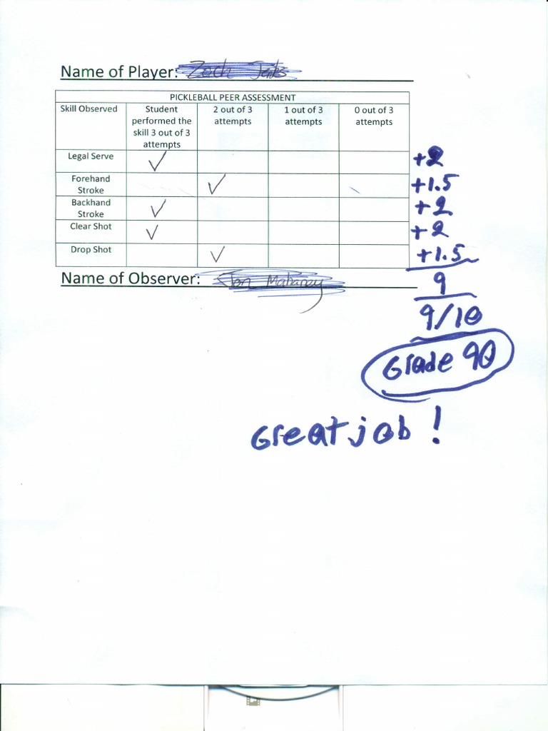 Pickleball Peer Assessment | PDF
