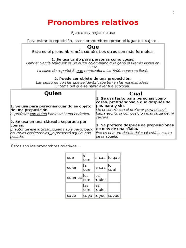 Ejercicios de pronombres relativos | PDF | Idiomas