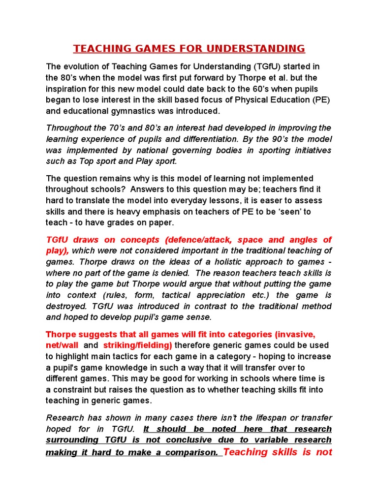 Teaching Games For Understanding | PDF | Physical Education | Teachers
