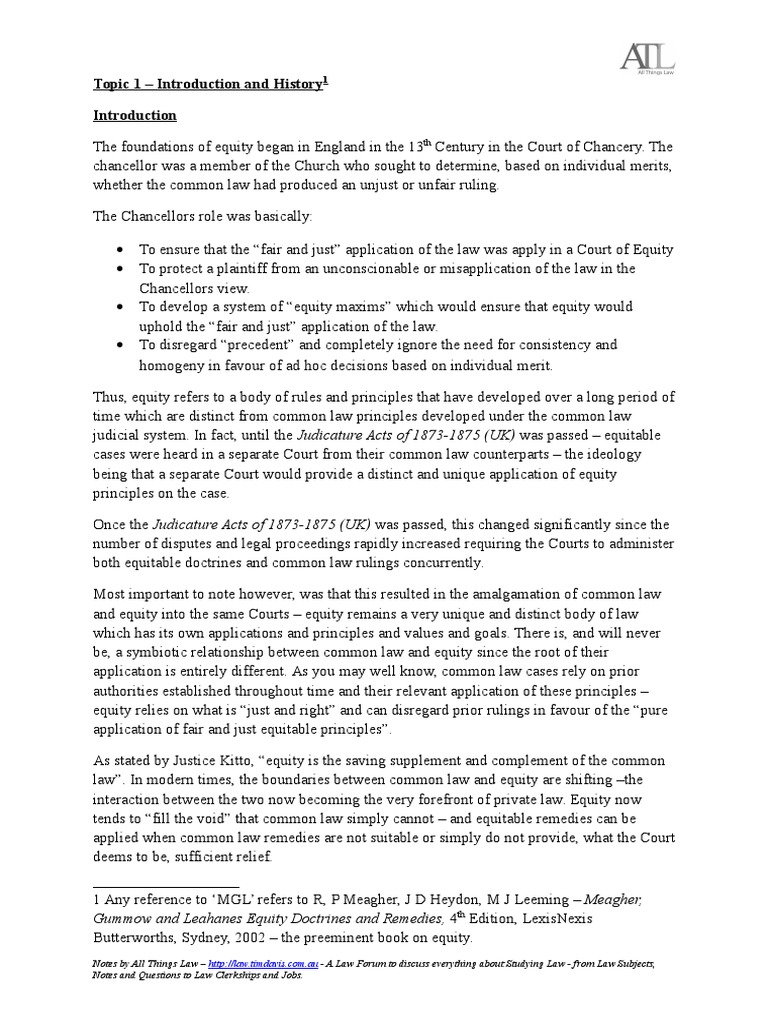 Equity Summary | PDF | Equity (Law) | Common Law