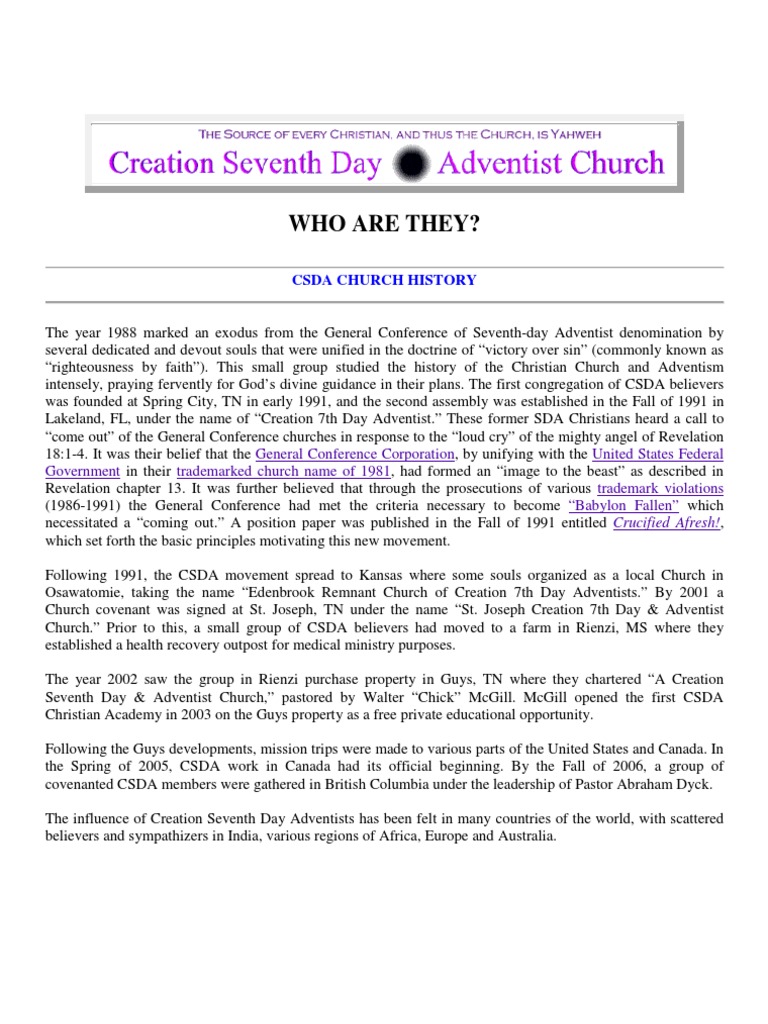 Who Are The Creation 7th Day Adventists? | PDF | Adventism | Seventh ...