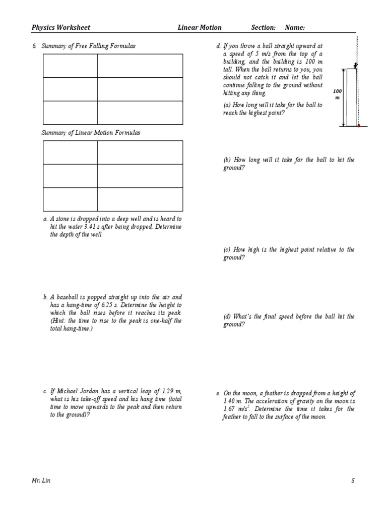 Physics Worksheet Linear Motion Section: Name | PDF | Science & Mathematics