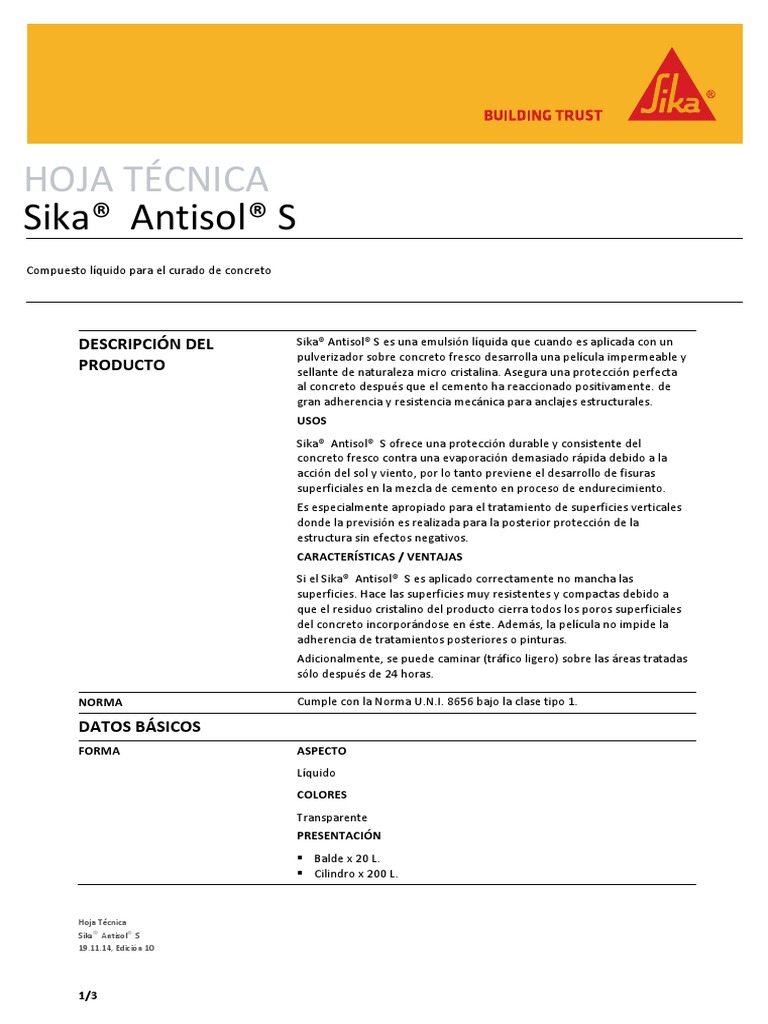 HT - Sika Antisol S | PDF | Hormigón | Cemento