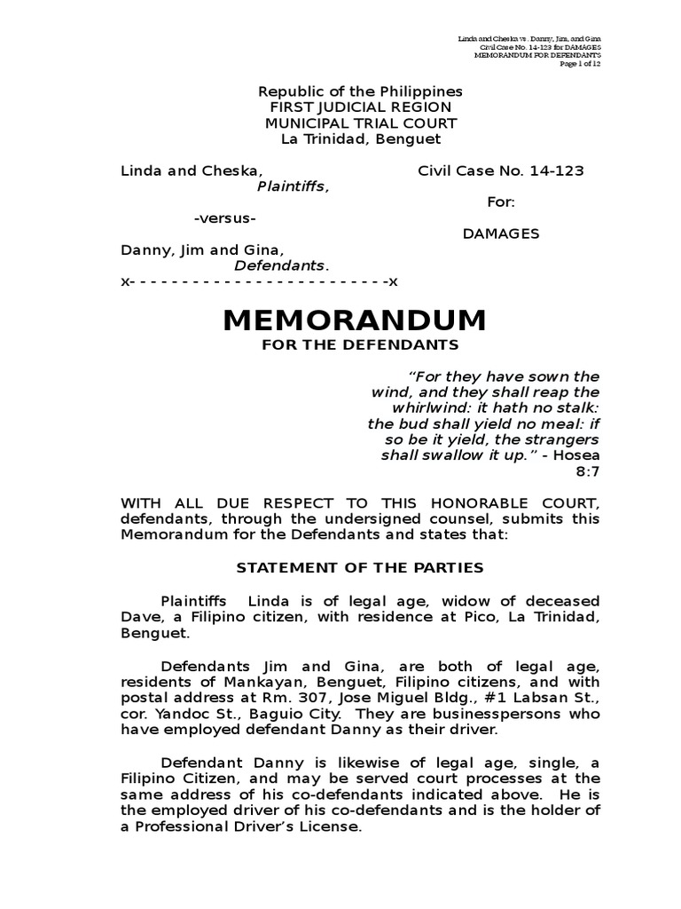 Memorandum for Defendants Civil Case | Negligence | Damages