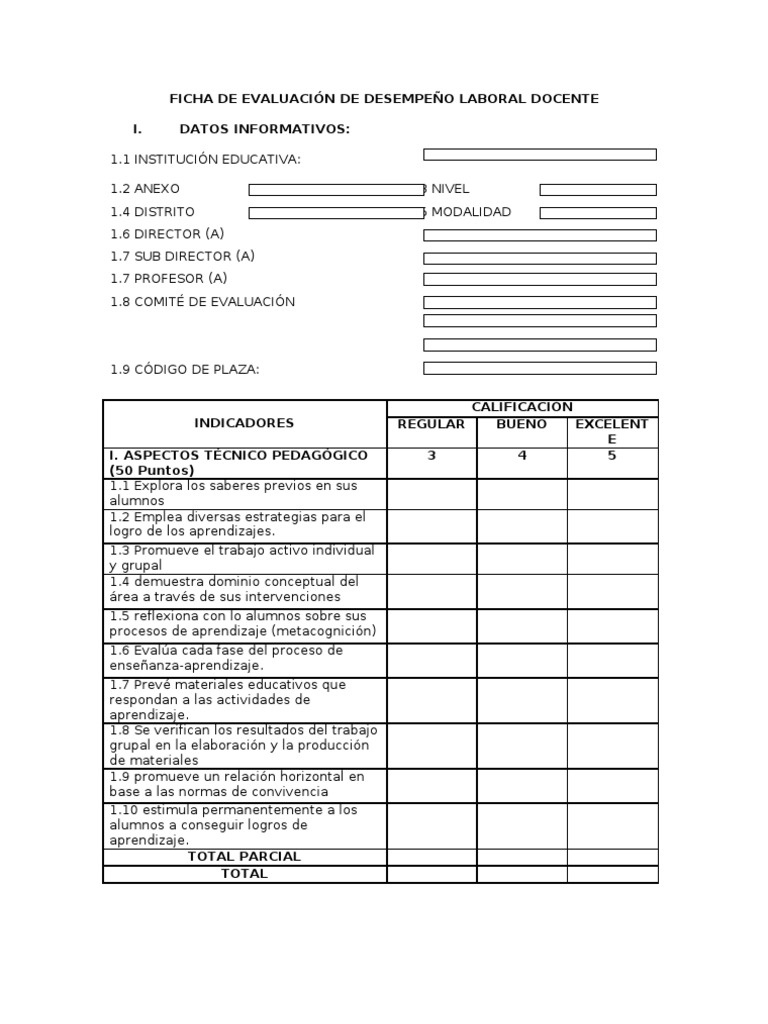 FICHA DE EVALUACIÓN DE DESEMPEÑO LABORAL DOCENTE