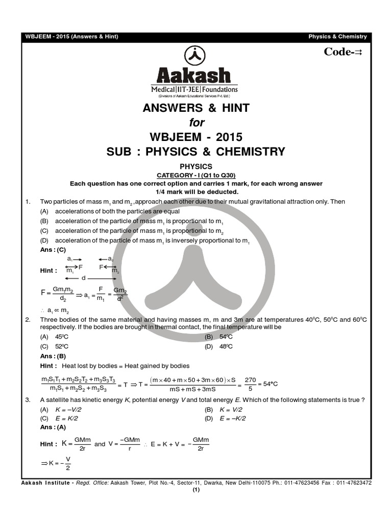 WBJEE 2015 Answer Key Phy and Chem by Aakash | PDF | Electronvolt | Photon