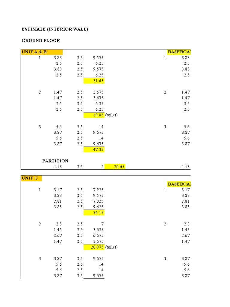 Estimate (Interior Wall) Ground Floor Unit A & B Baseboard | PDF