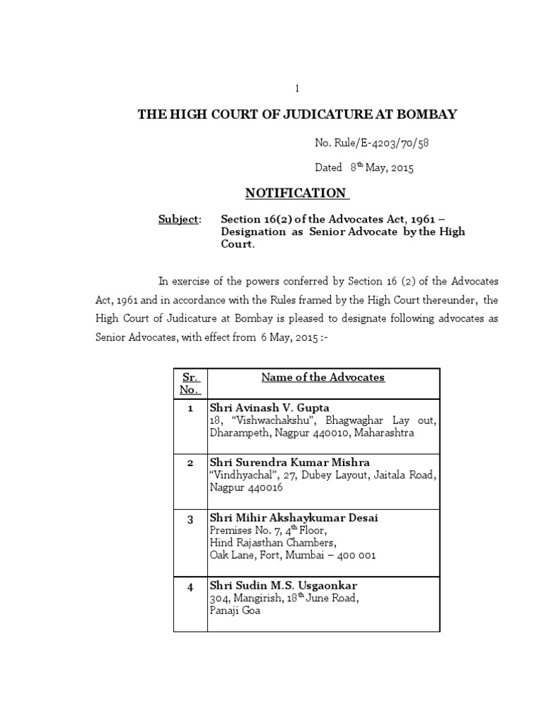 Bombay HC Senior Designations | PDF
