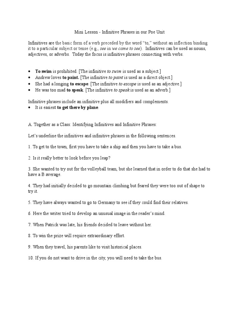 Day 6 - Infinitive Phrases Mini Lesson | PDF | Phrase | Verb