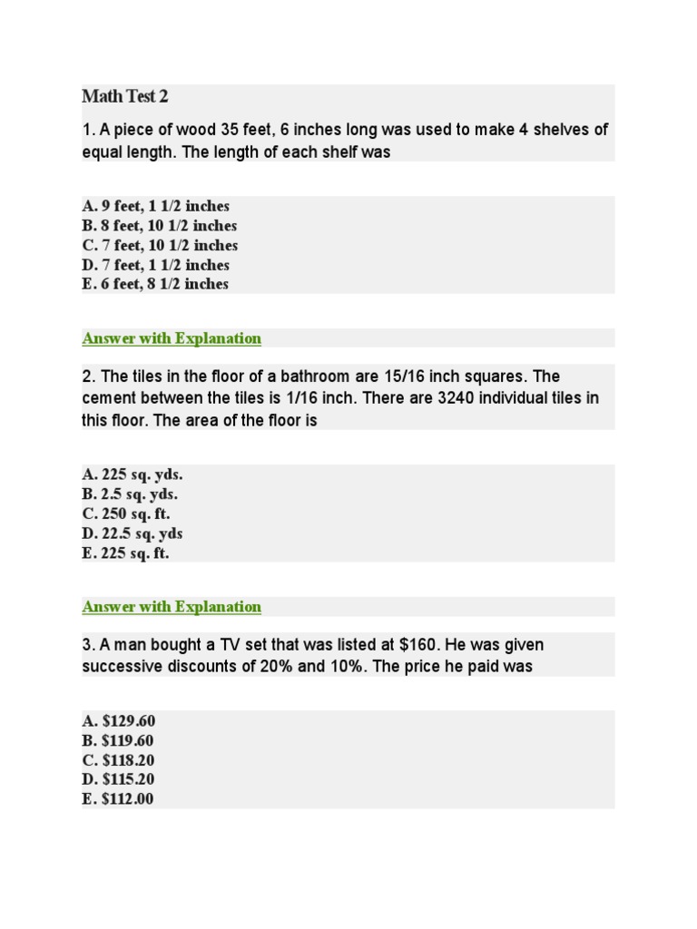 Math Test 2: Answer With Explanation | PDF