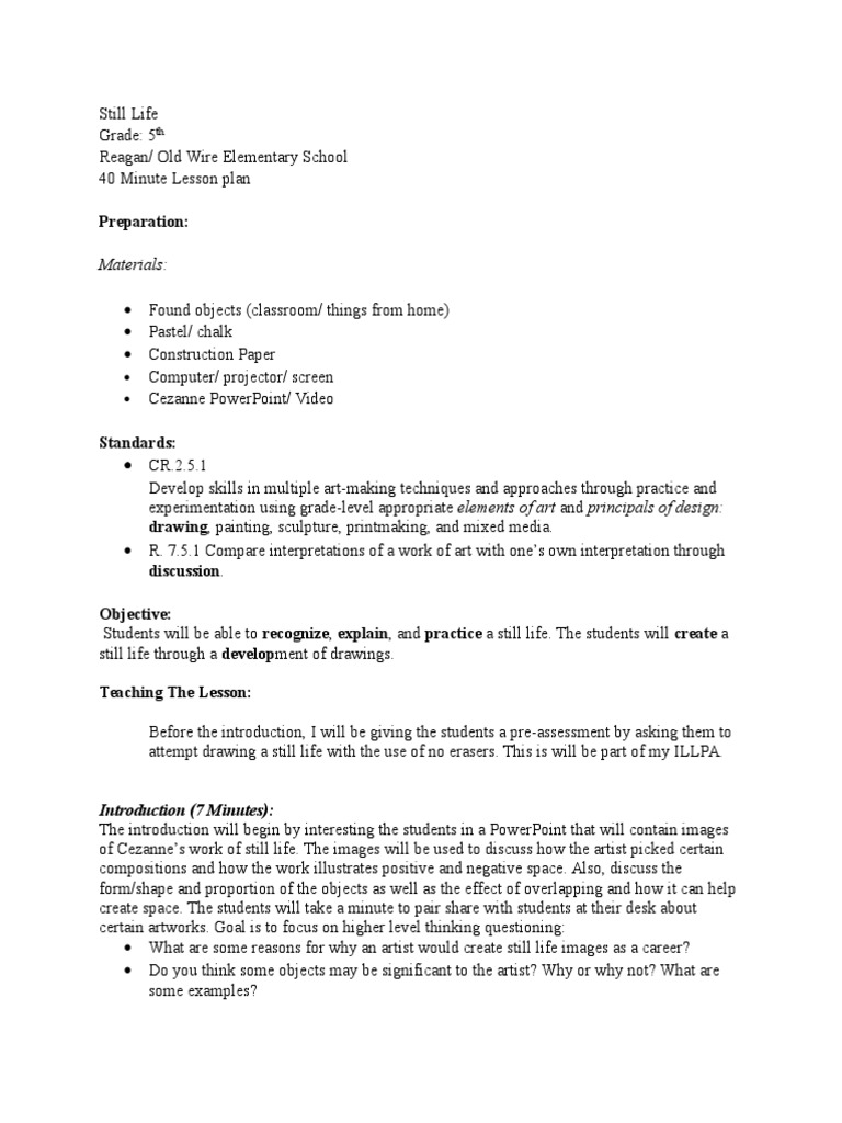 Still Life Lesson Plan | PDF | Still Life | Visual Arts