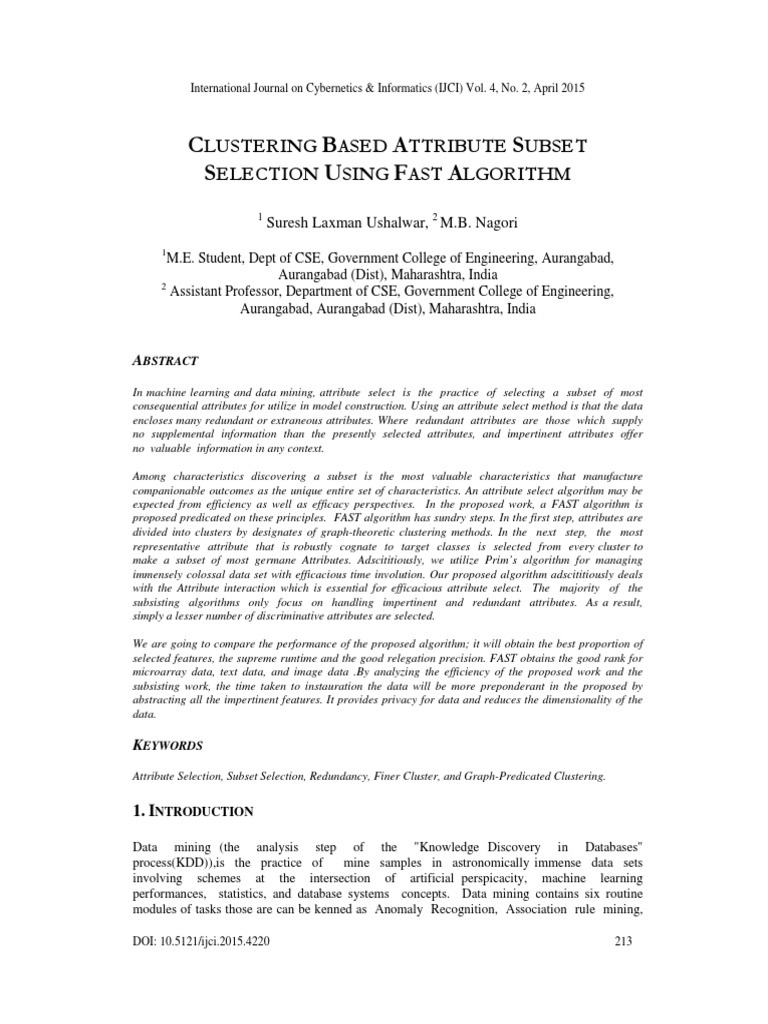 Clustering Based Attribute Subset Selection Using Fast Algorithm Pdf