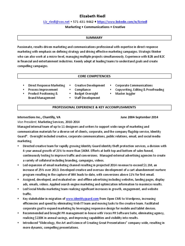 Vice President Marketing Services in Washington DC Resume Elizabeth ...