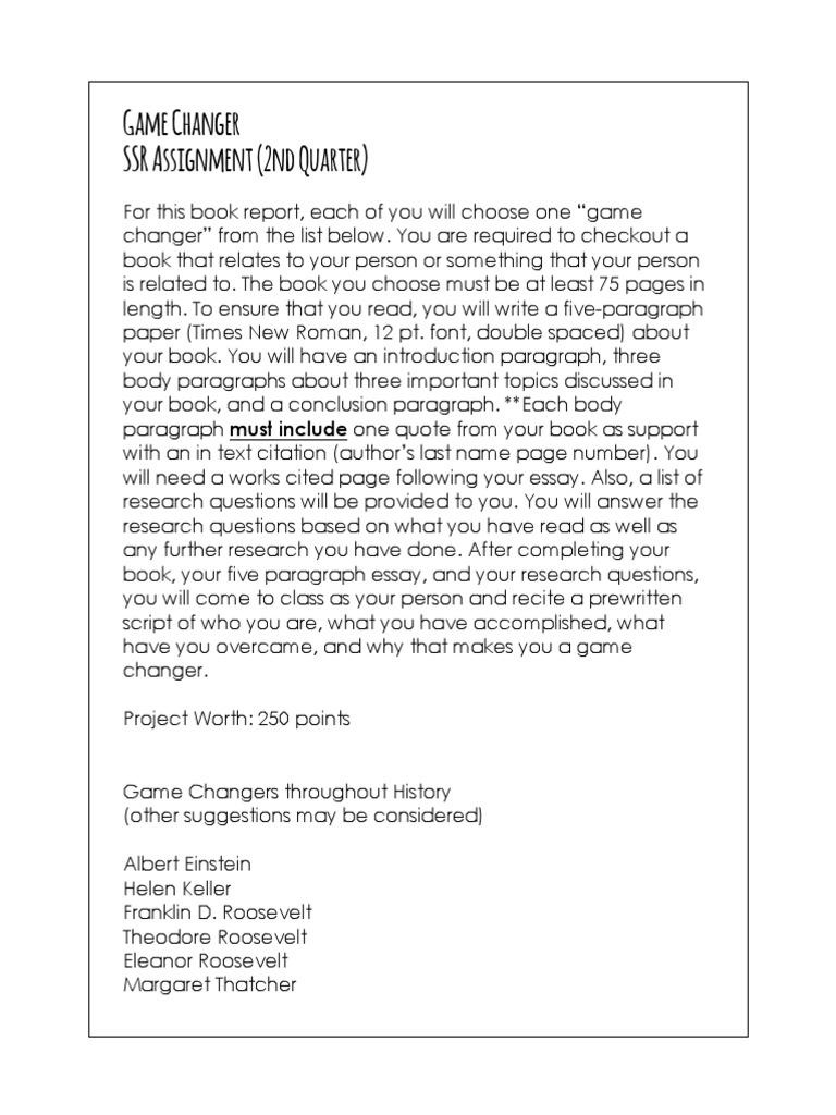 Game Changer Book Report Assignment | PDF | General Fiction