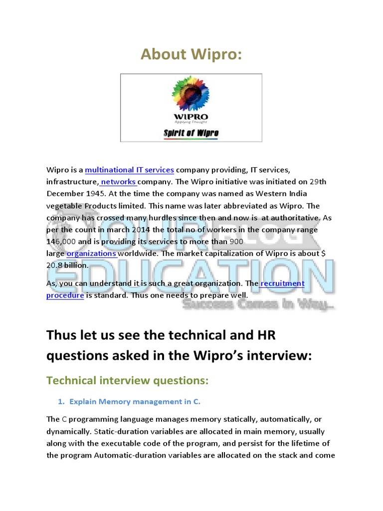 Wipro Technical and HR Interview Questions PDF | PDF | Operating System ...