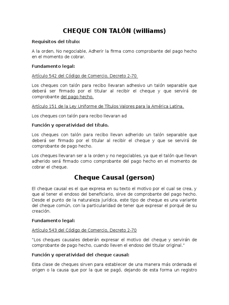 Cheque Con Talã"n y Causal | PDF | Cheque | Bancos