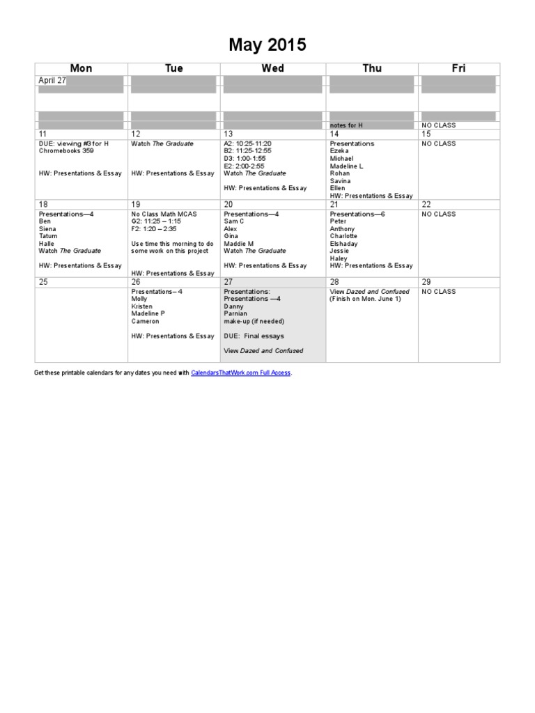 May 2015 Class Schedule & Assignments | PDF