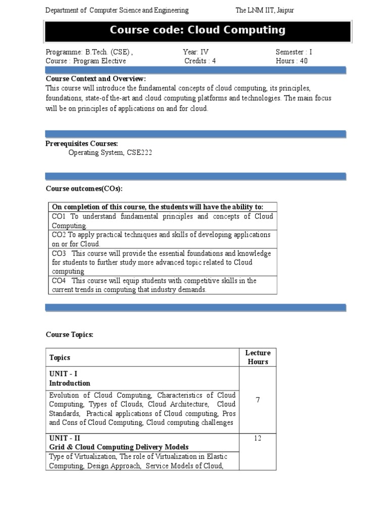 Introduction to Cloud Computing: Course Syllabus for B.Tech. (CSE) Program Elective | PDF ...