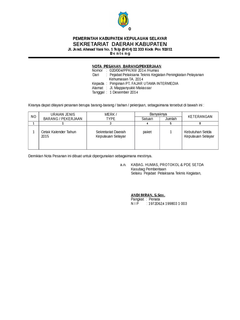 Contoh Nota Pesanan | PDF
