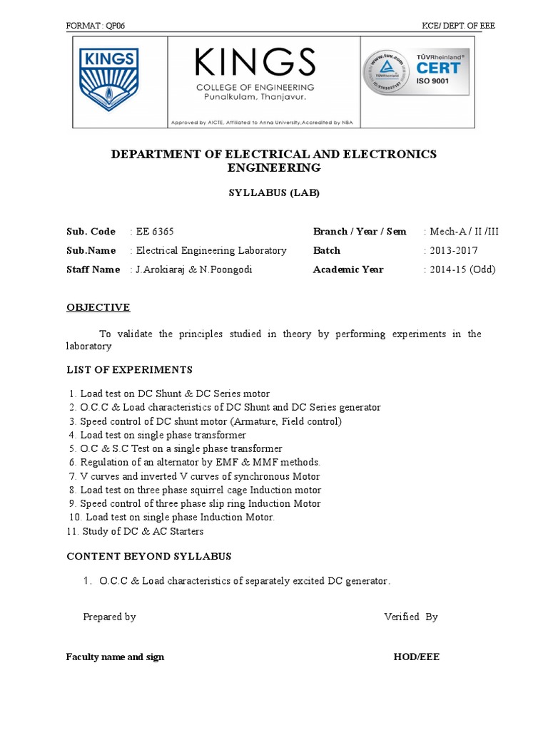 Ee Lab Syllabus-Mech A | PDF